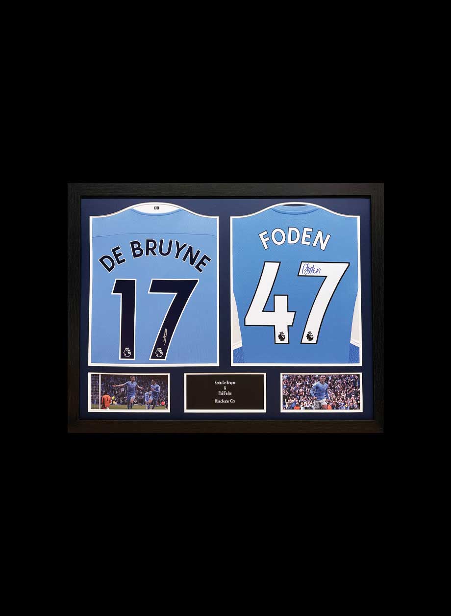 Framed De Bruyne & Foden double signed Manchester City Shirt display ...
